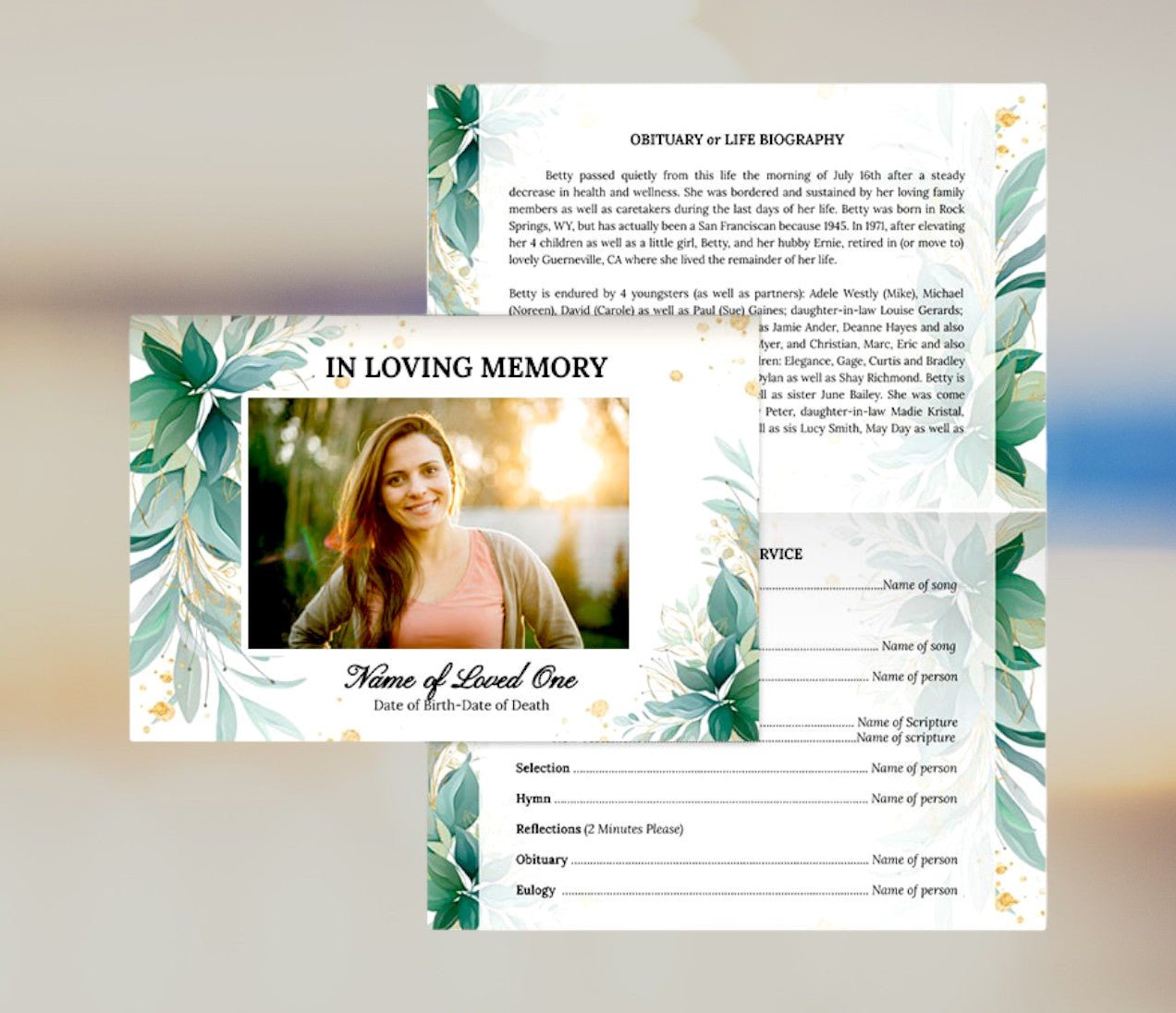 Green Leaf Greeting Card Style Google Docs Funeral Program Template ...
